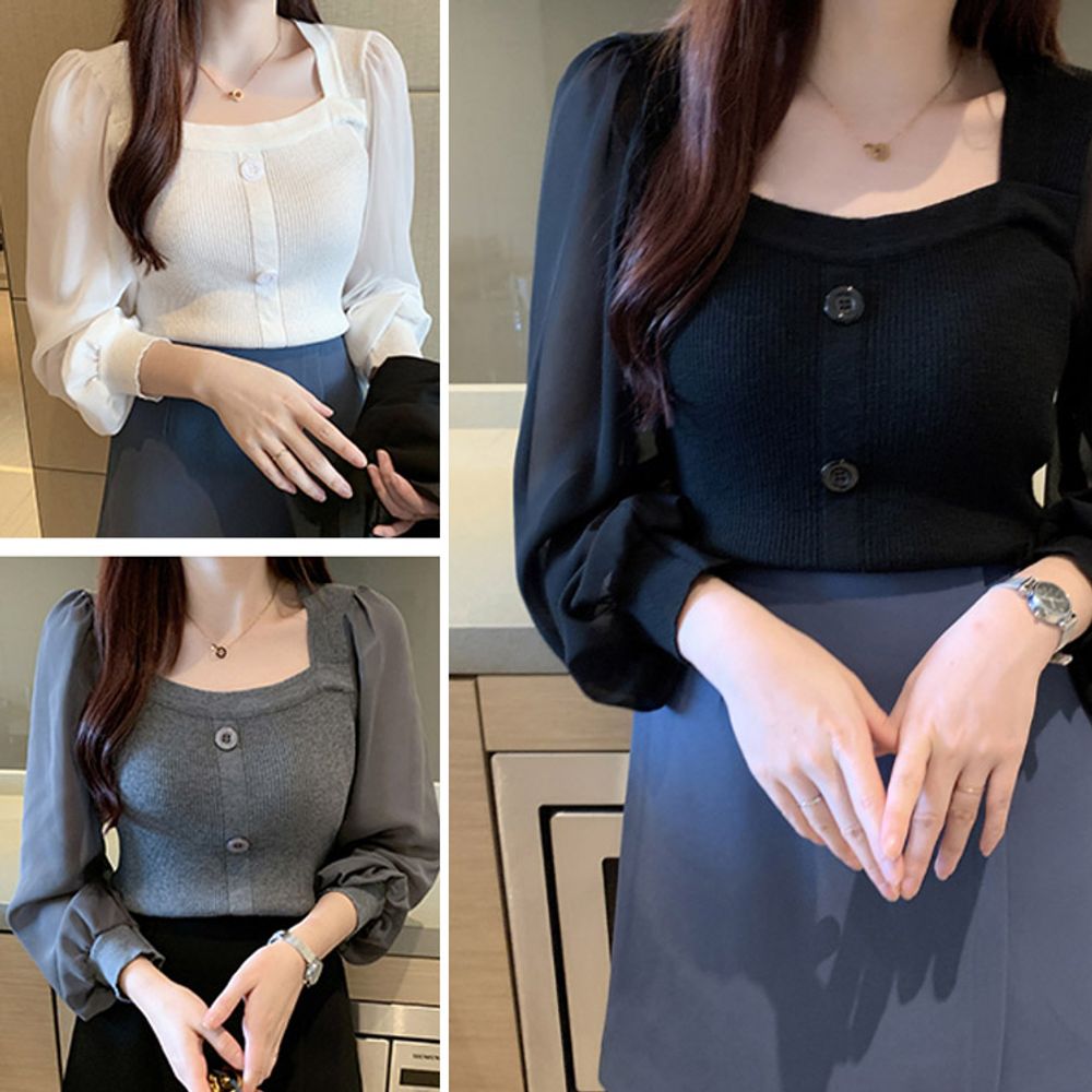 여성 예쁜 스퀘어넥 러블리 쉬폰소매 니트 블라우스 u7u - 마니템